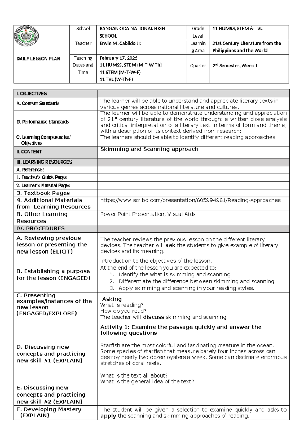 11 STEM Daily Lesson Plan: 21st Century Literature & Reading Approaches ...
