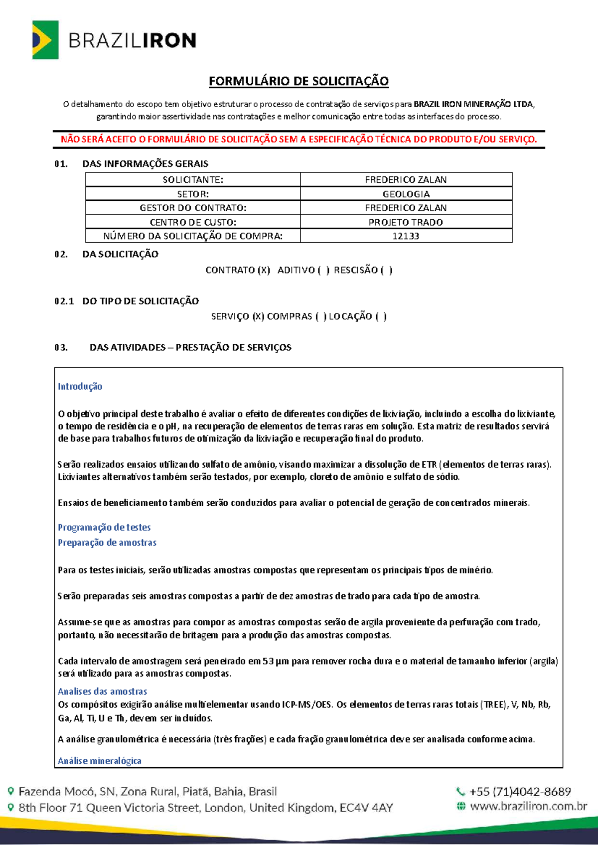 Escopo de Solicitação 12133: Testes Mineralógicos e Lixiviação - Studocu