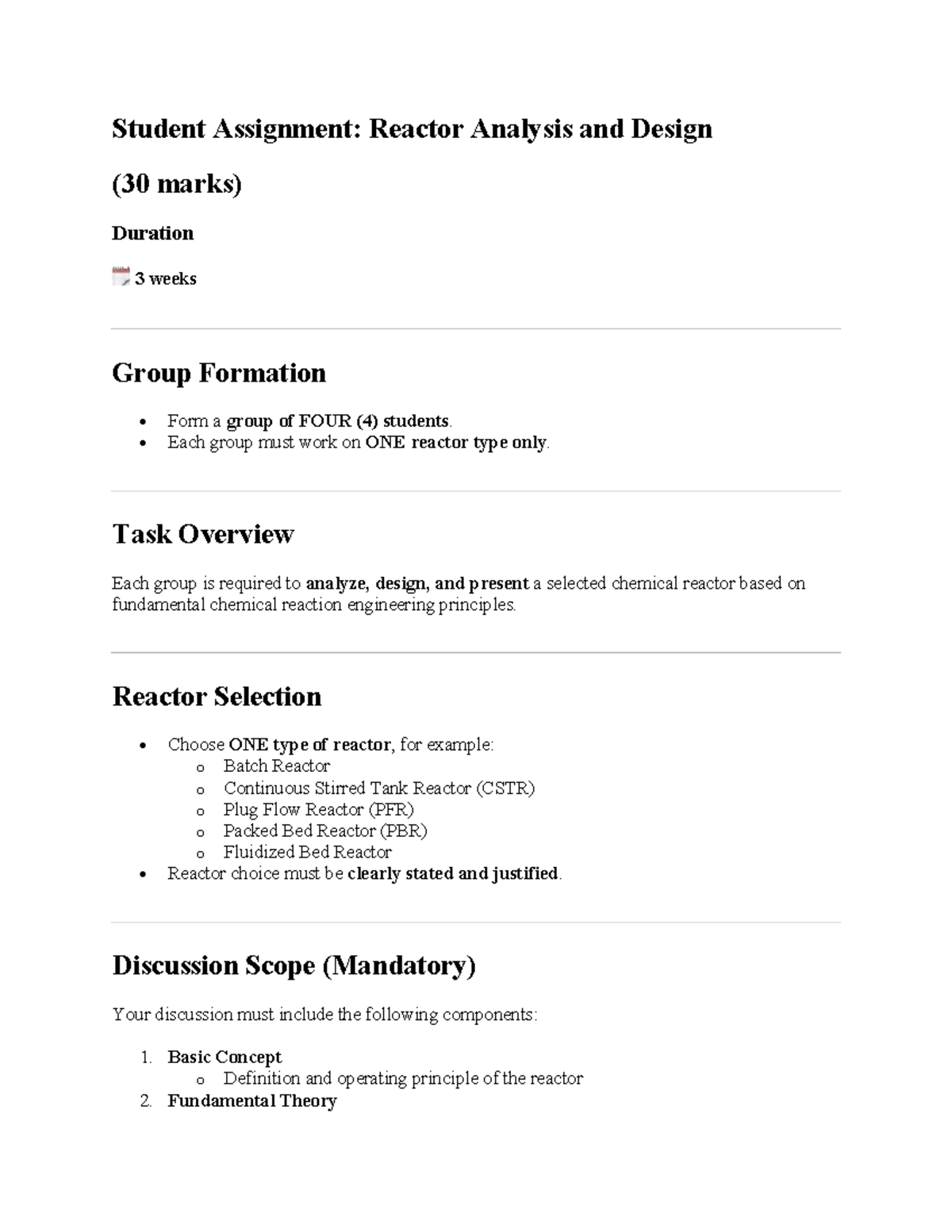 Reactor Analysis & Design Assignment (30 Marks) - Group Project - Studocu