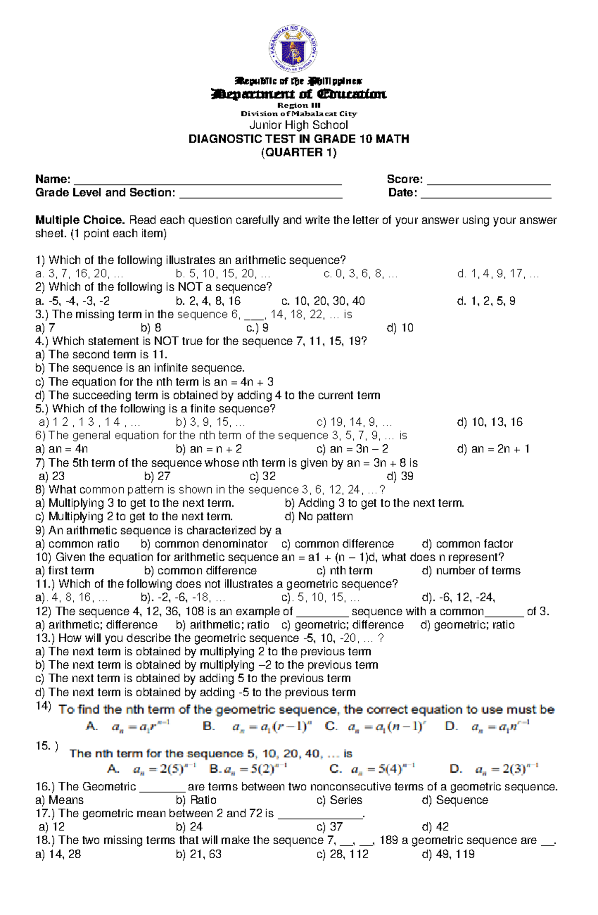 Diagnostic Test in Math 10 - Q1 Assessment for Junior High School - Studocu