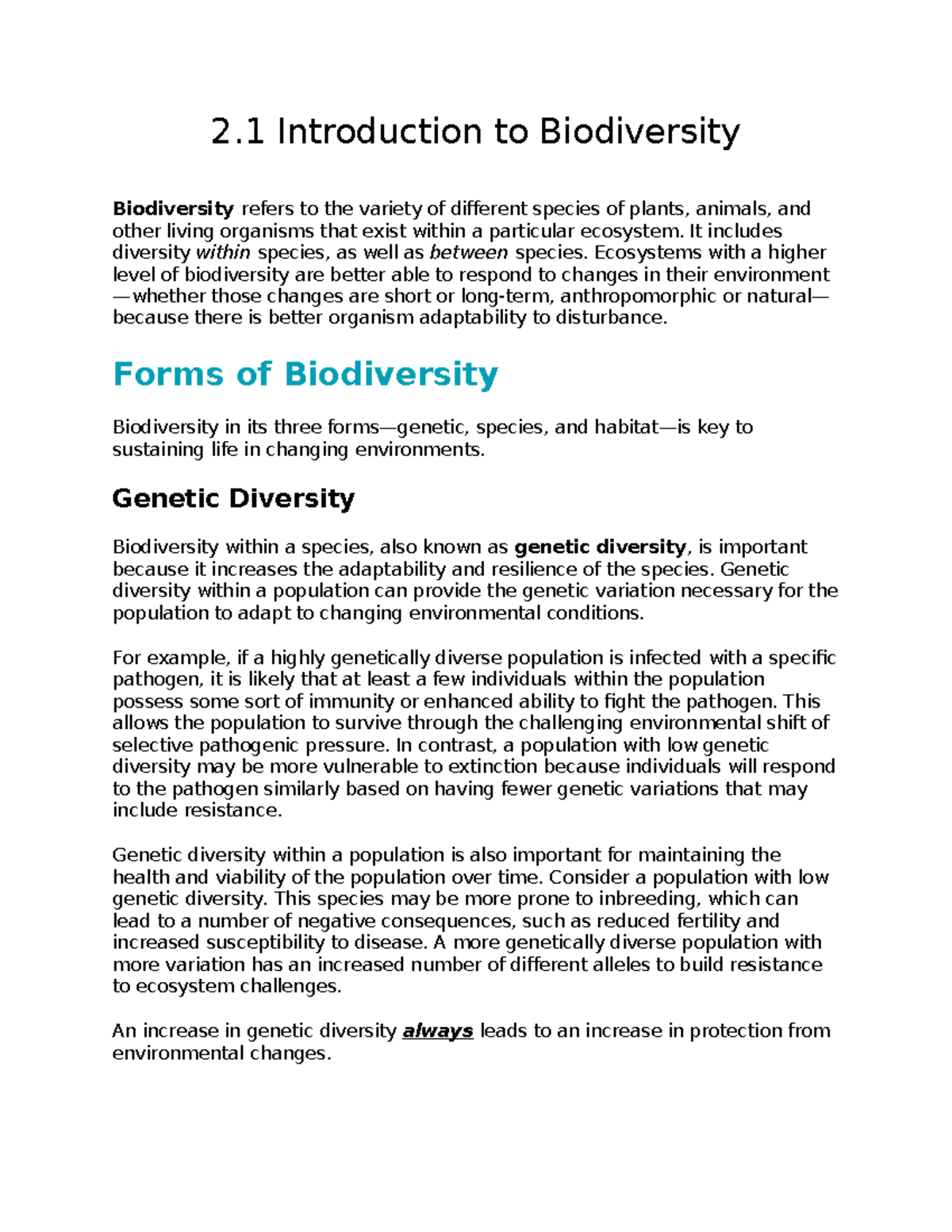 Unit 2 notes apes - 2 Introduction to Biodiversity Biodiversity refers ...
