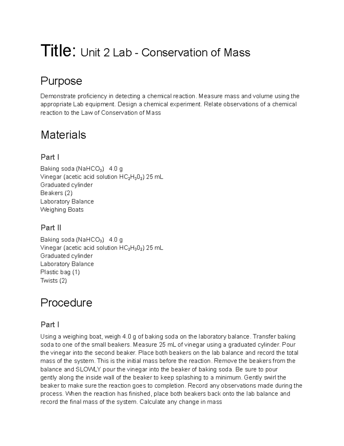 Unit 2 Lab Conservation of Mass Table 2 - Title: Unit 2 Lab ...