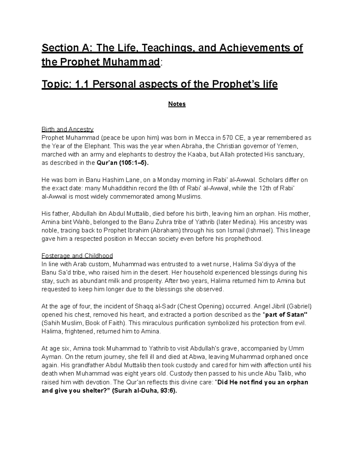 Section A: Life, Teachings & Achievements of Prophet Muhammad (PBUH ...