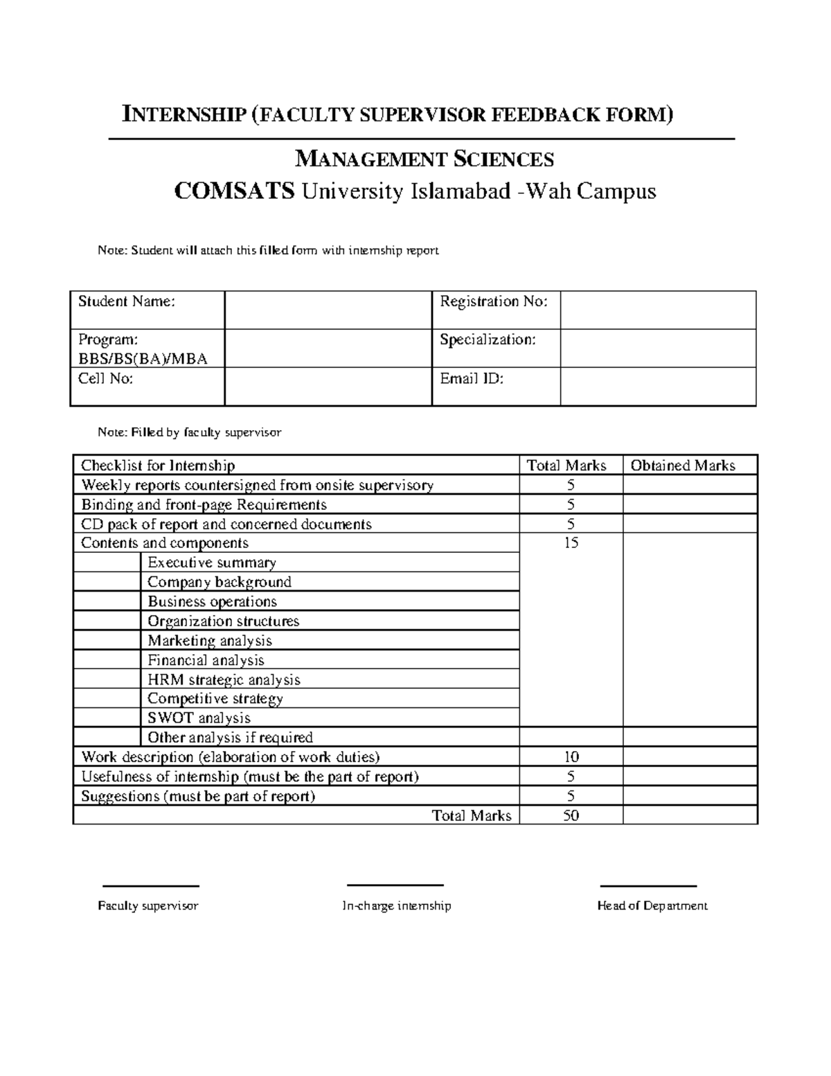 Internship Feedback Form - Management Sciences (COMSATS) - Studocu