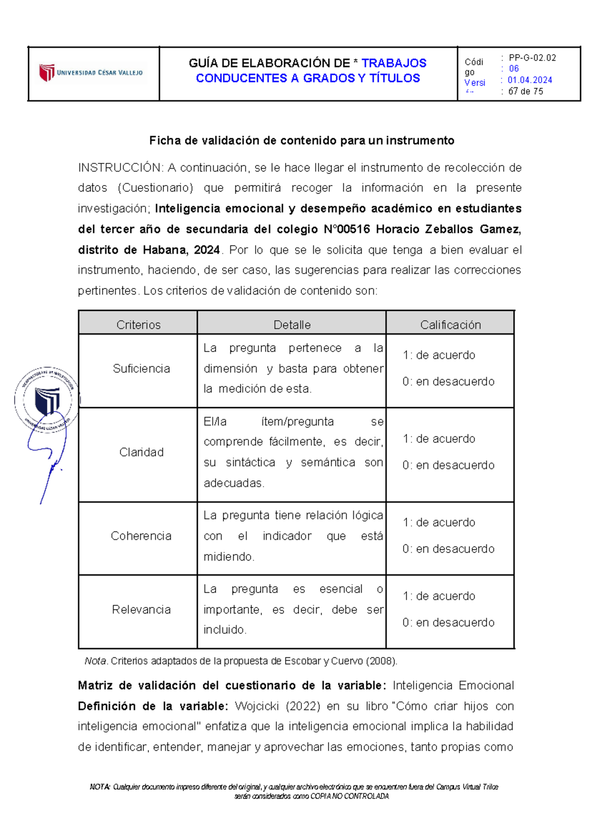 Guía de Validación del Cuestionario sobre Inteligencia Emocional - RVI N°081-2024-VI-UCV - Studocu