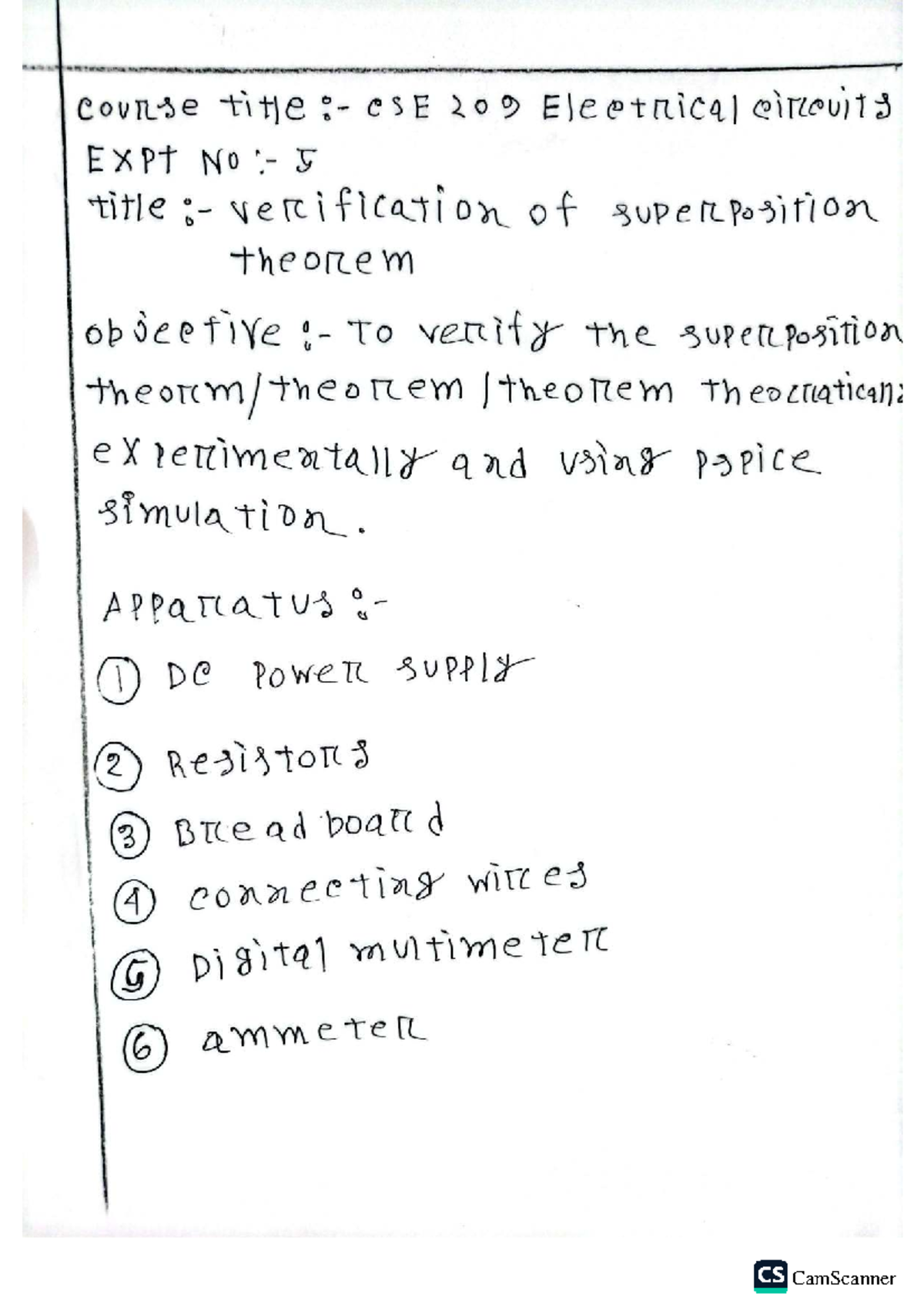 CSE 209 Electrical Circuits: Verification of Superposition Theorem ...