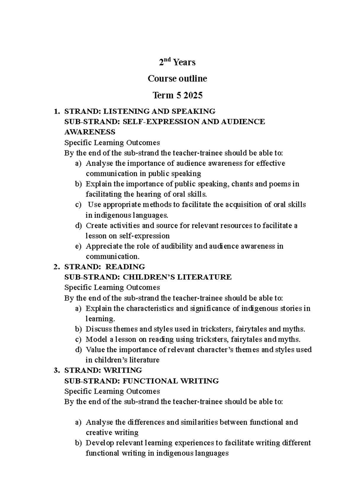2nd Year Course Outline: Term 5 2025 - Listening, Reading, Writing ...