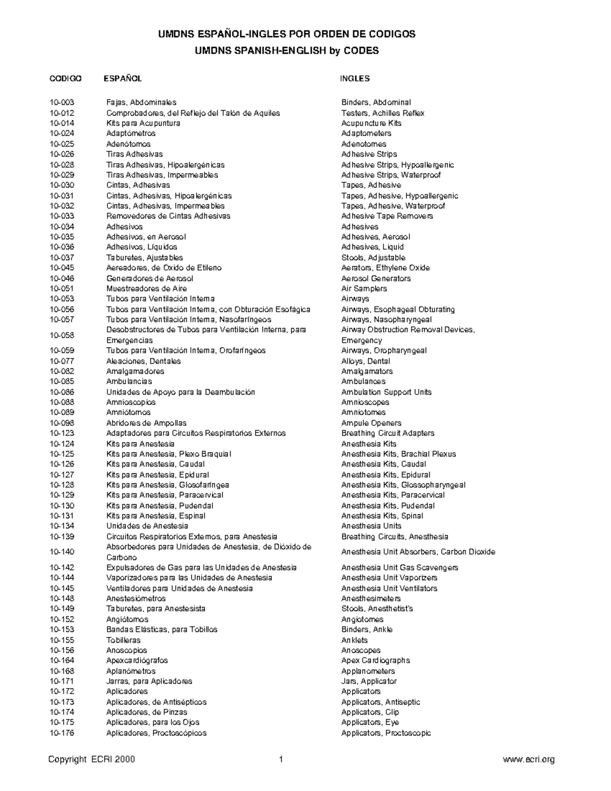 ECRI 10-Codes: Spanish-English Medical Equipment Reference Guide - Studocu