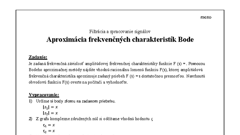 Vypracovane BODE vzor - fssi2 - meno 1 Filtrácia a spracovanie signálov ...