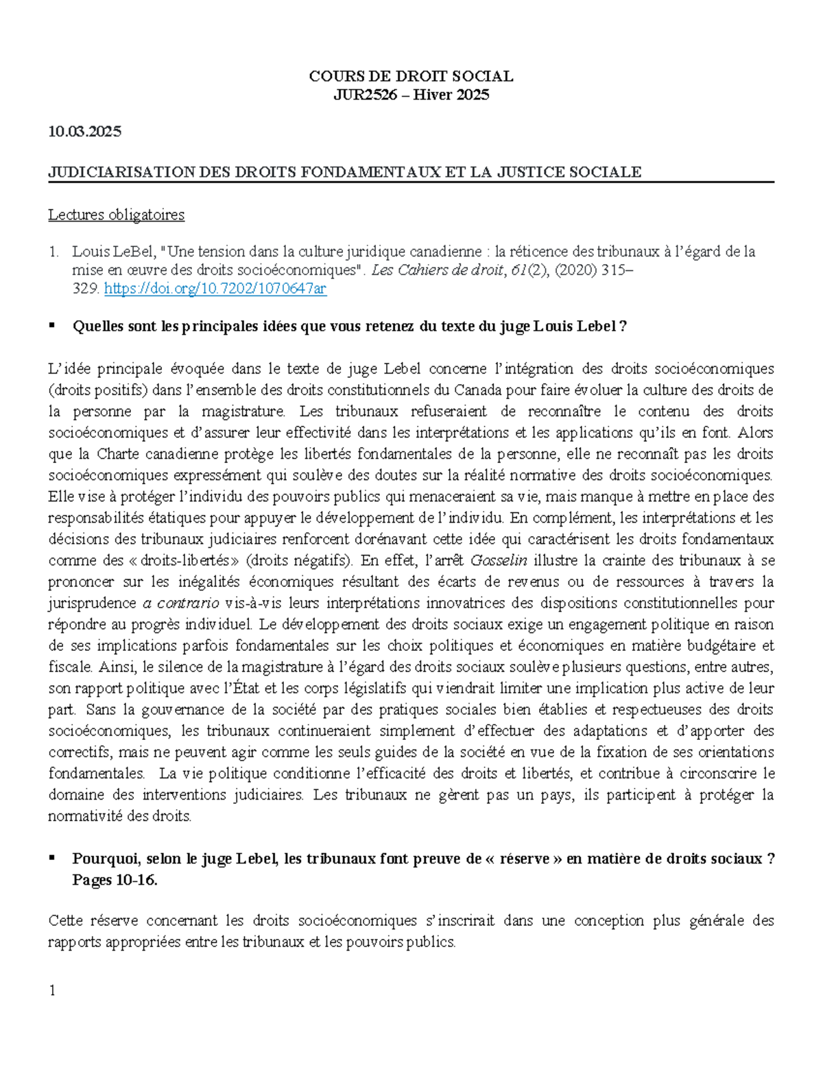 Droit Social JUR2526 - Notes de Cours sur la Justice Sociale et les ...