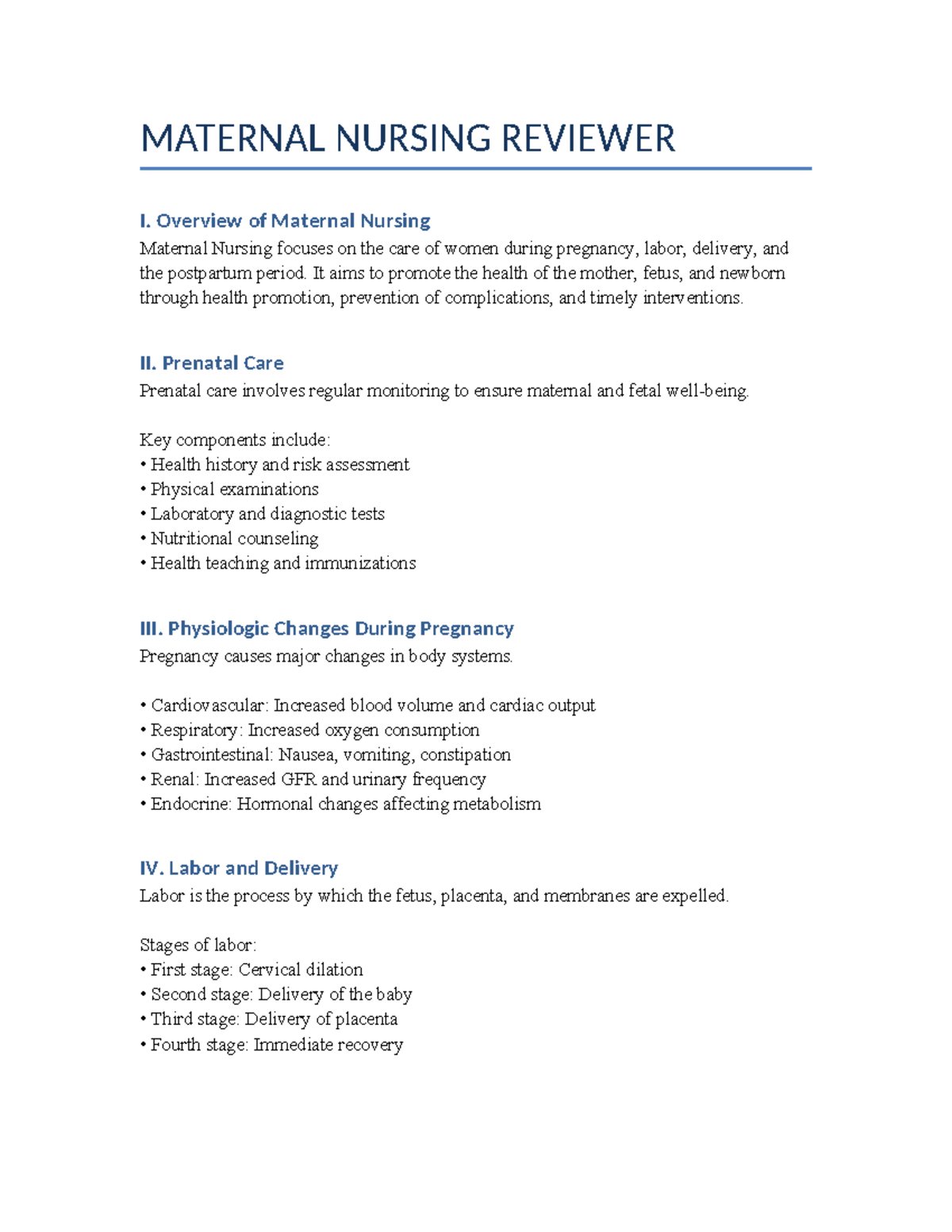 MATERNAL NURSING REVIEWER: Key Concepts & Care Guidelines - Studocu