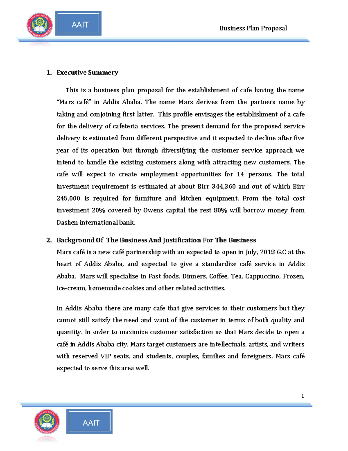 Business Plan Proposal on coffe house - Business Plan Proposal 1 1 ...