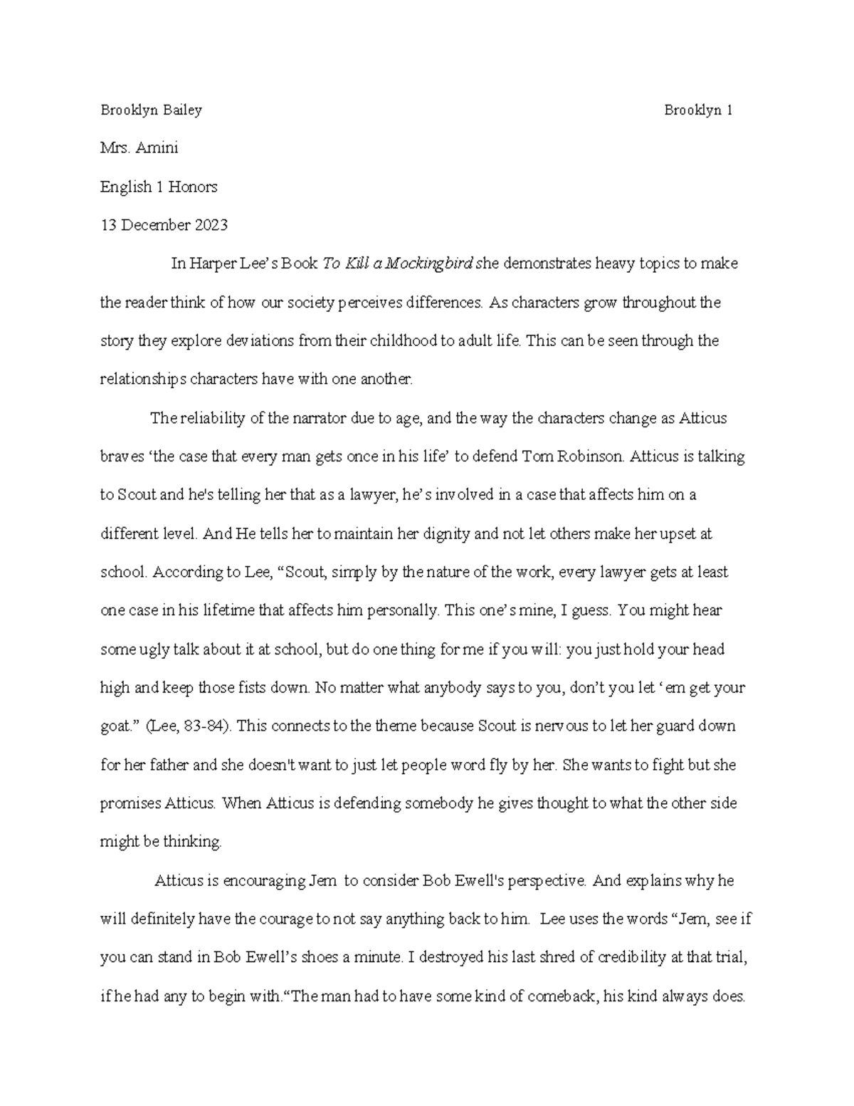 TKAM 1 Honors Final Essay: Exploring Maturity and Perspective - Studocu