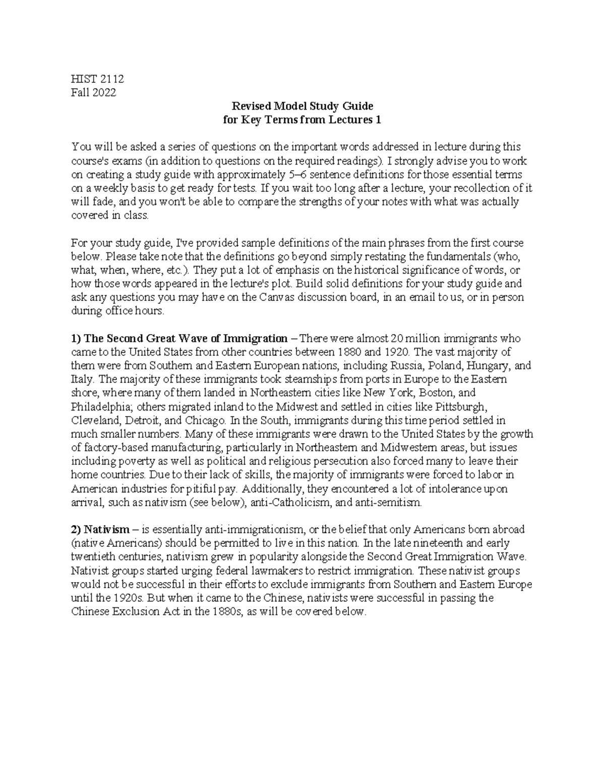 Revised Study Guide for Key Terms 1 - HIST 2112 Fall 2022 Revised Model ...