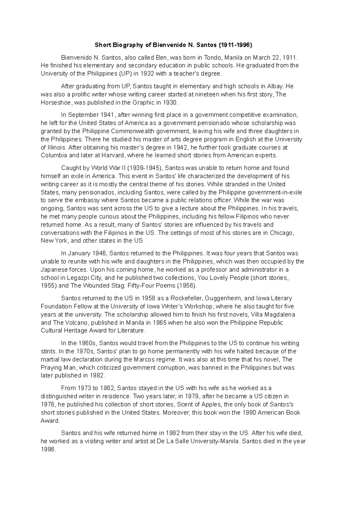 Biography of Bienvenido N. Santos: Life and Literary Legacy - Studocu