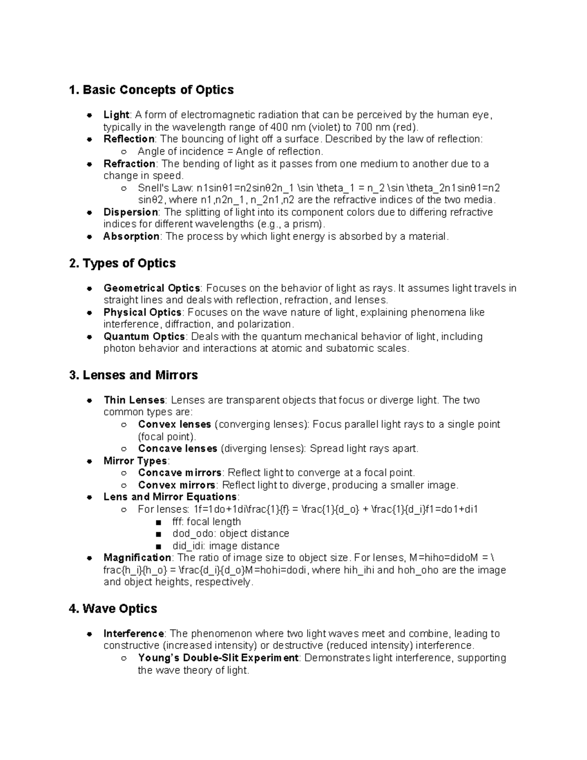 Copy of Science Olympiad Optics Cheat Sheet - 1. Basic Concepts of ...