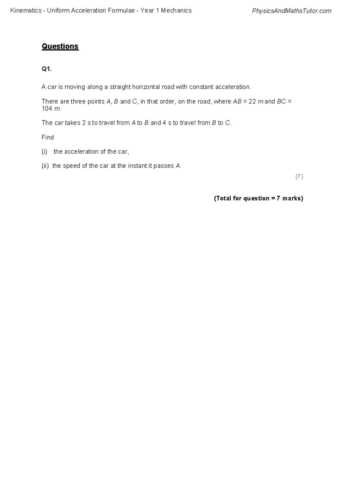 Kinematics - Uniform Acceleration Questions & Solutions (PHY101) - Studocu