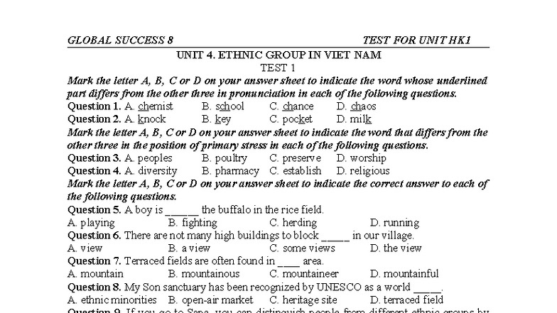 GLOBAL SUCCESS 8 UNIT 4 TEST WITH DETAILED ANSWERS 2025 - Studocu
