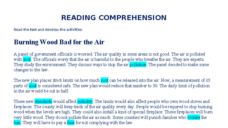 Reading Comprehension Activity: Burning Wood & Air Quality Standards ...