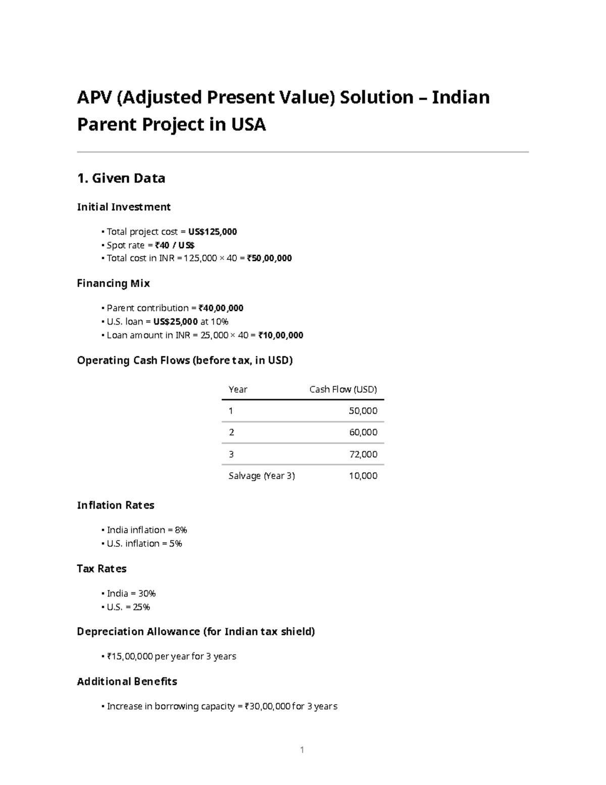 APV Project Appraisal Solution: Indian Parent Project in USA - Studocu