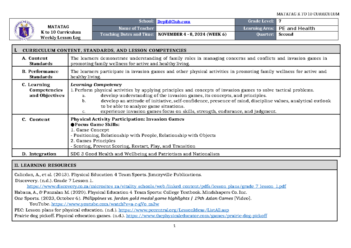 DLL Matatag PE & Health 7 Q2 Week 6 Lesson Plans on Invasion Games - Studocu