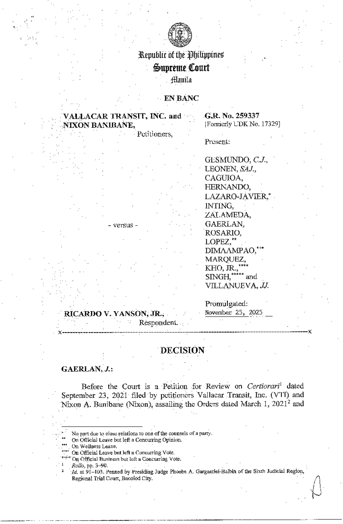 Vallacar Transit, Inc. vs. Yanson: G.R. No. 259337 Decision Analysis ...