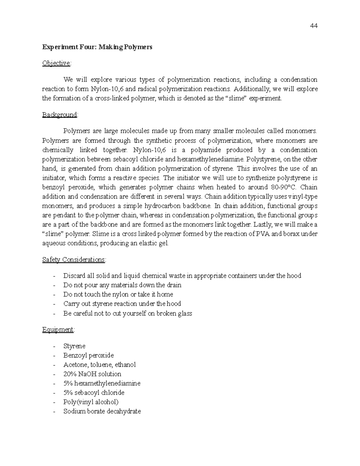 Expt 4 Lab Report Bolger - Experiment Four: Making Polymers Objective ...