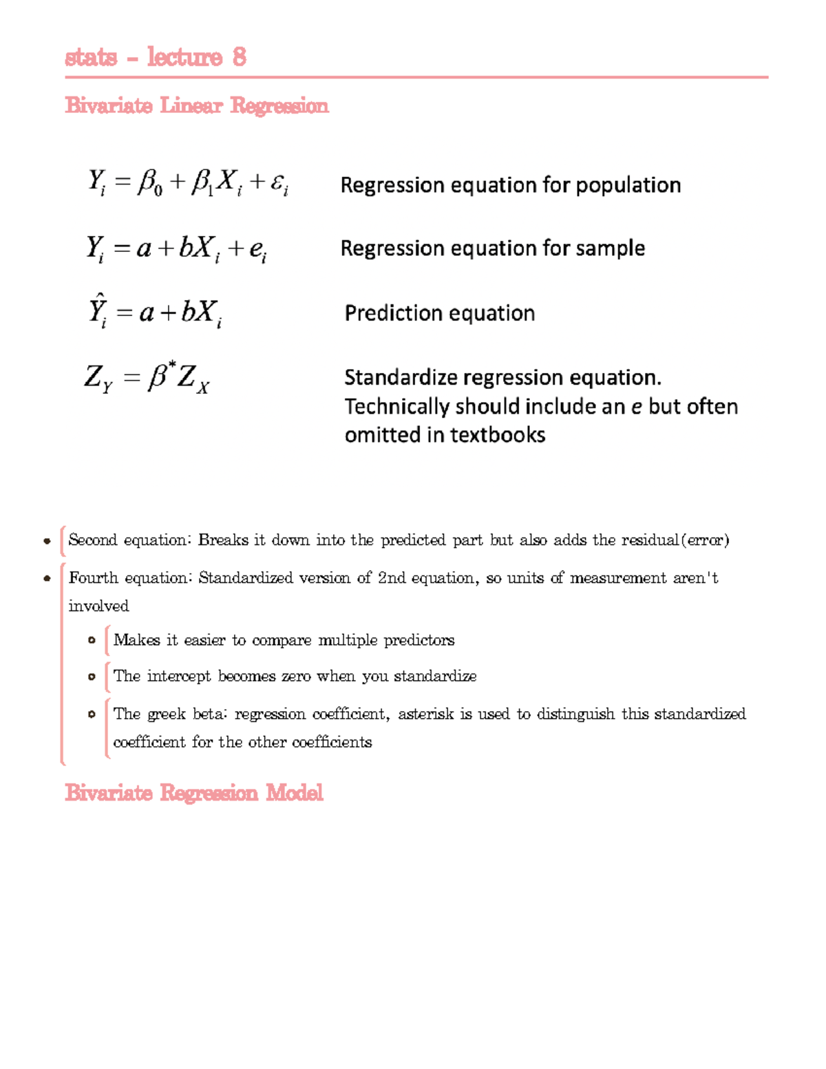 Bivariate Linear Regression: Key Concepts and Equations - Studocu