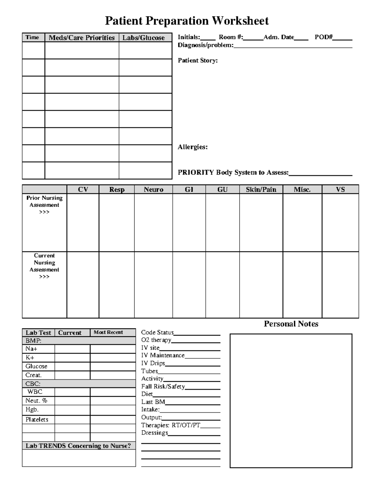 Patient Prep Worksheet for Clinical Nursing Assessment and Care - Studocu
