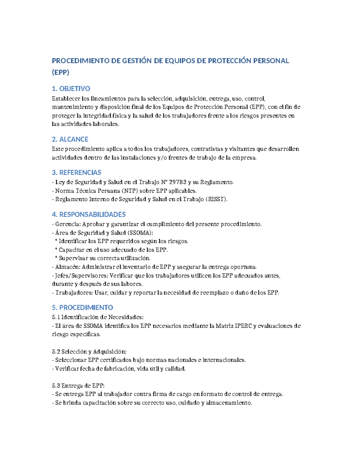 Procedimiento de Gestión de Equipos de Protección Personal (EPP) - Studocu