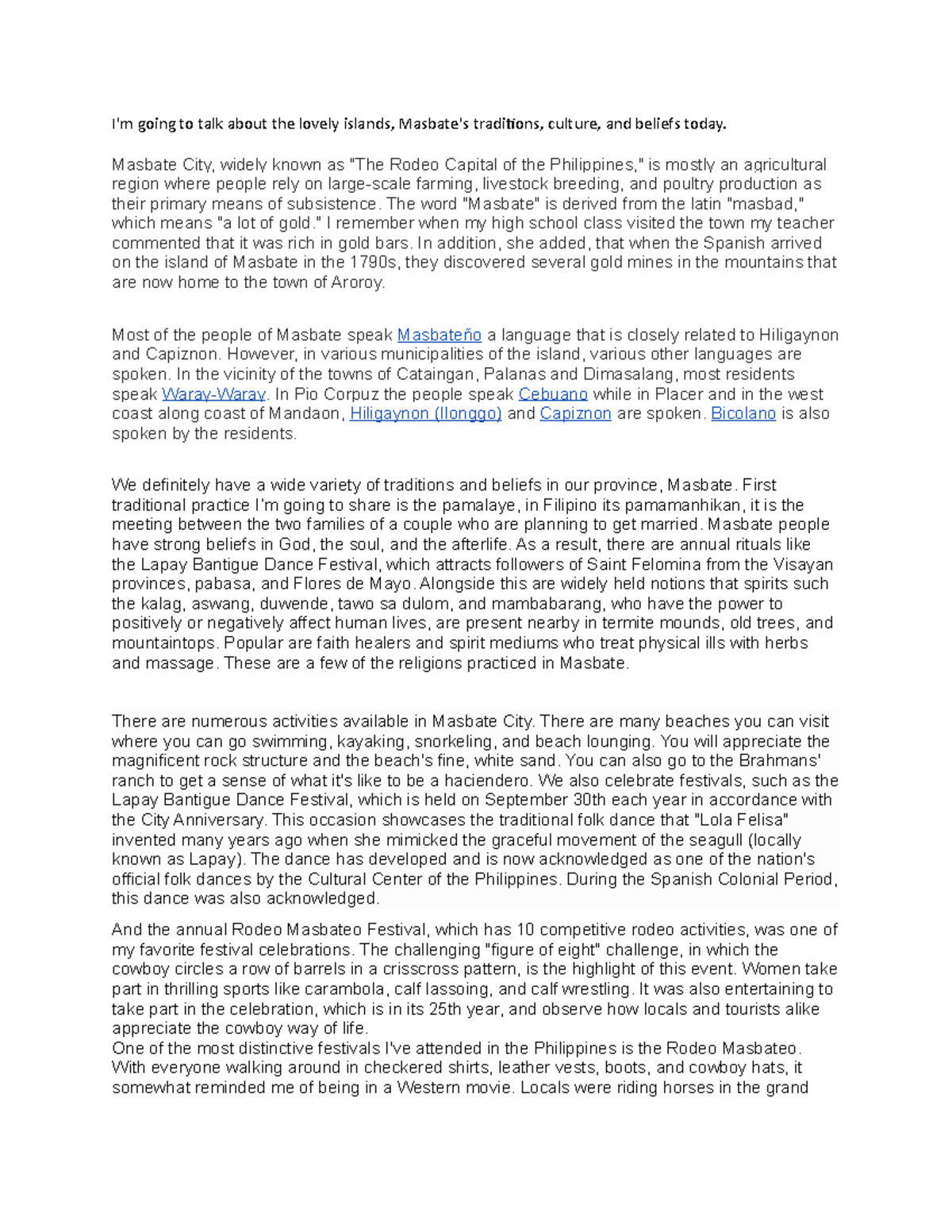 Essay on the History and Culture of Masbate - Studocu