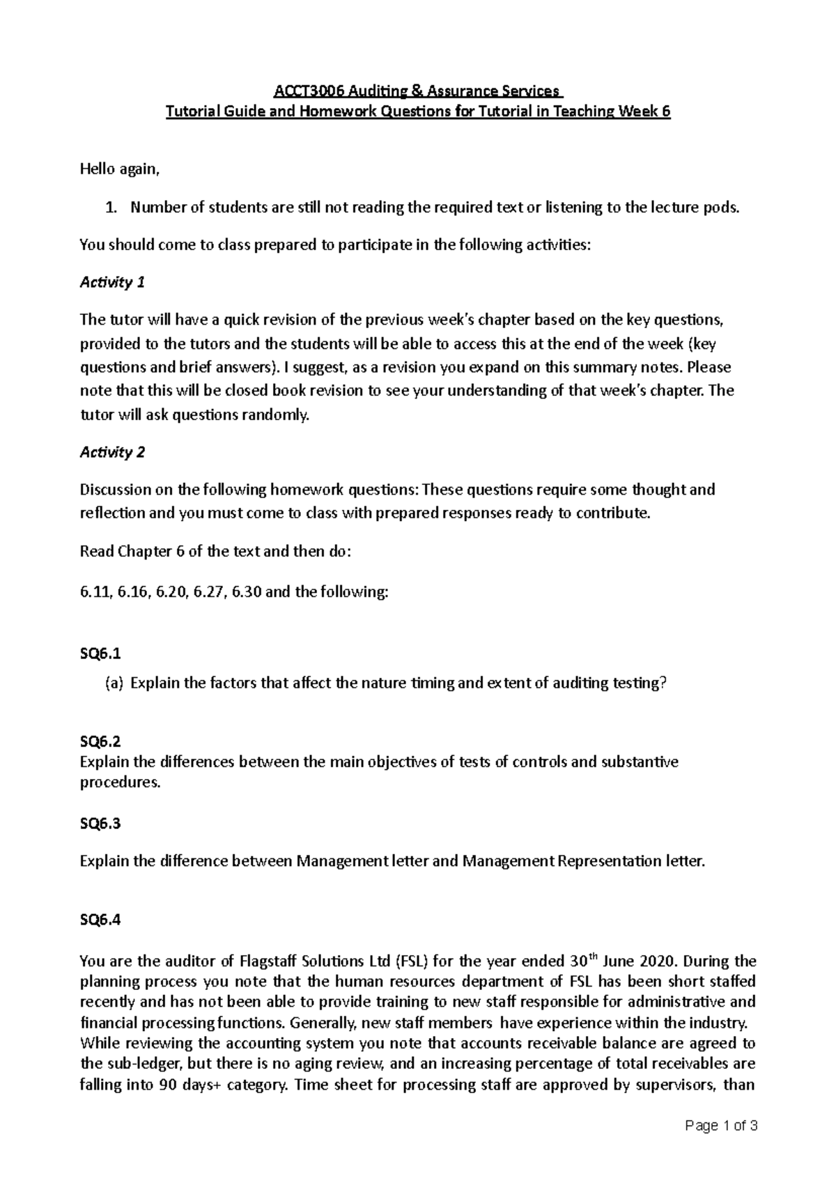 Tutorial Guide and Homework Questions Aut2021 - ACCT3006 Auditing ...