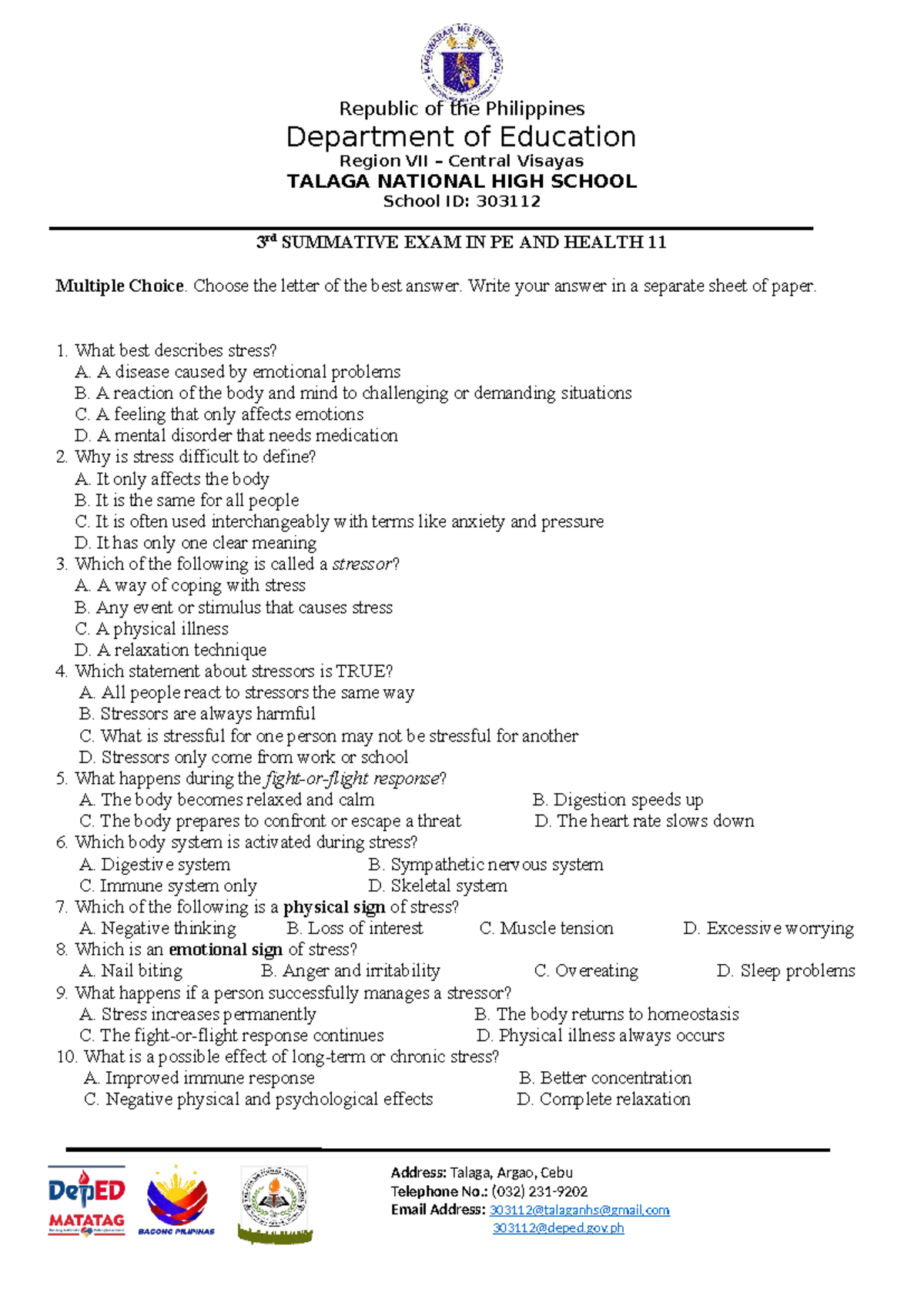 PE11 - 3rd Summative Exam in PE and Health: Multiple Choice Questions ...