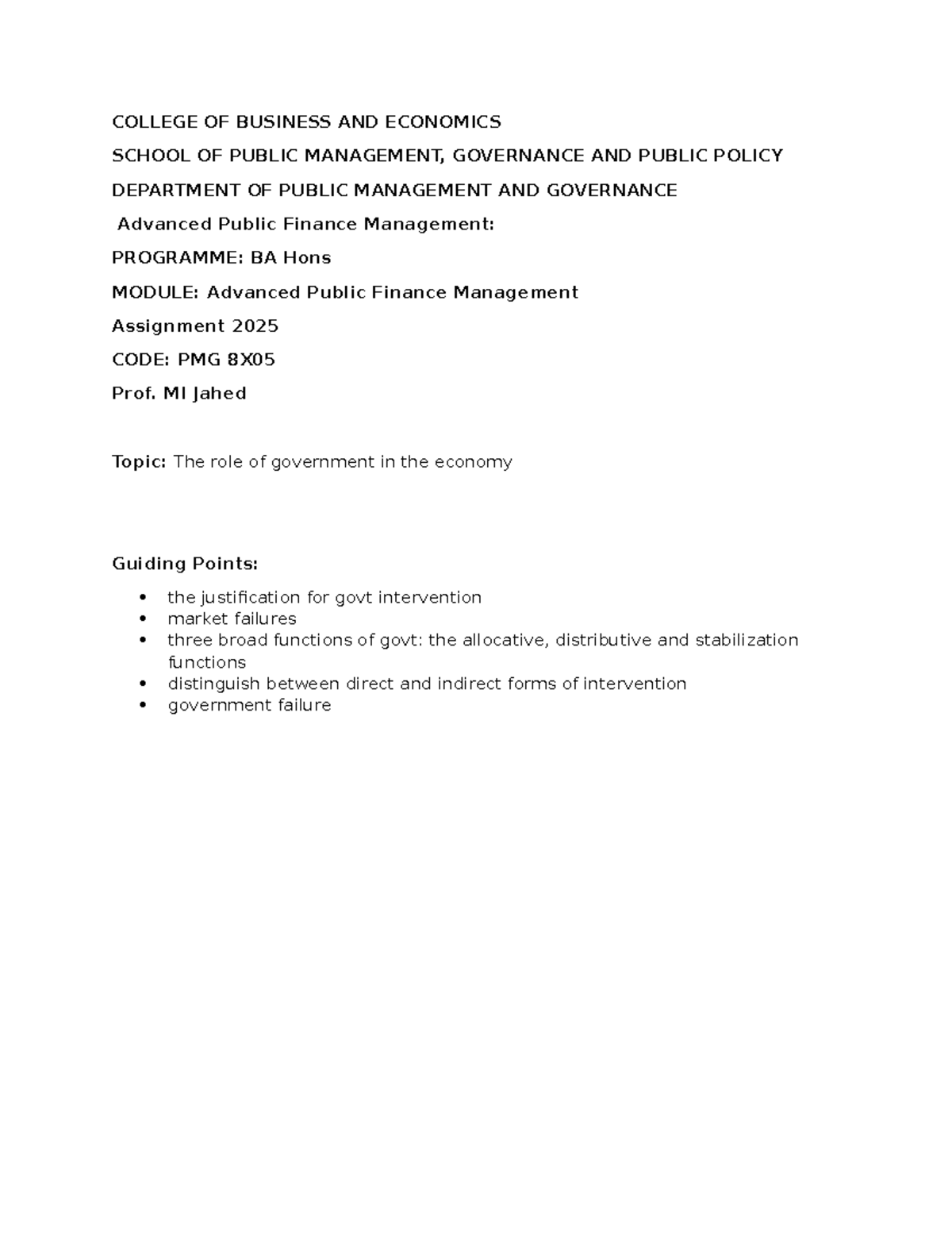 Adv Public Fin Assignment 2025 - COLLEGE OF BUSINESS AND ECONOMICS ...