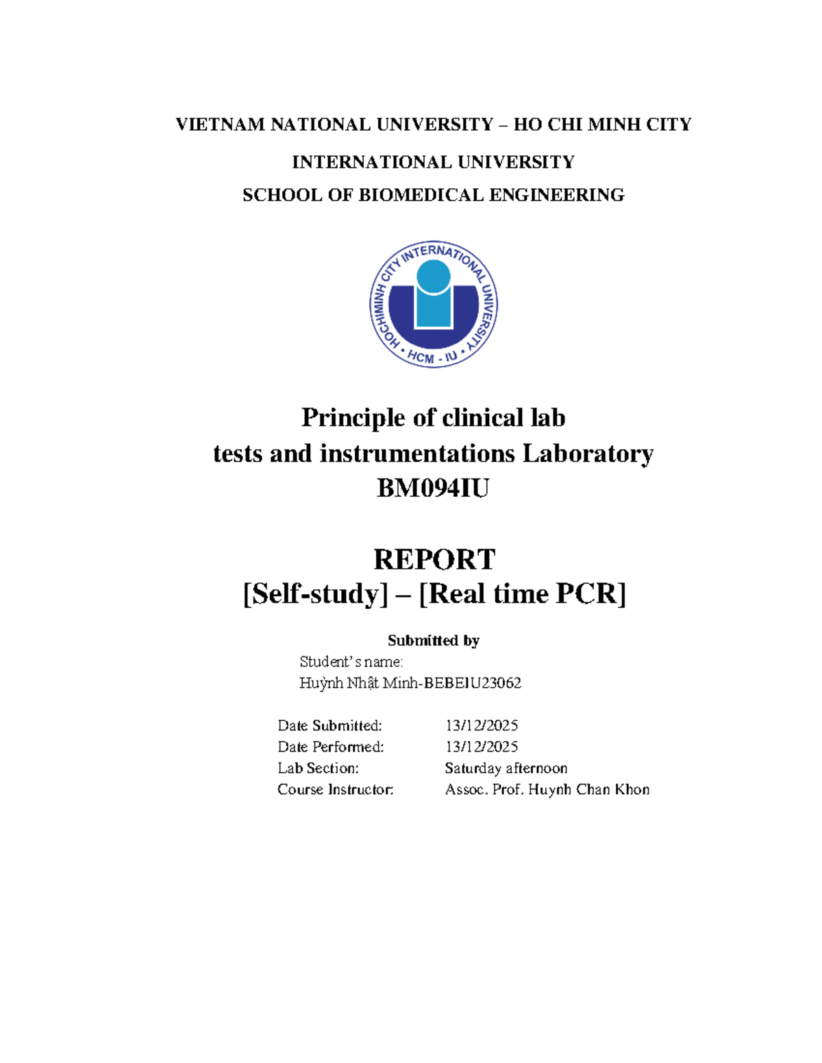 BM094IU Lab Report: Principles of Realtime PCR by Huỳnh Nhật - Studocu