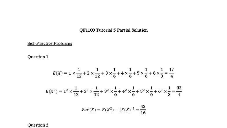 QF1100 Tutorial 5 Partial Solutions and Discussion Problems - Studocu