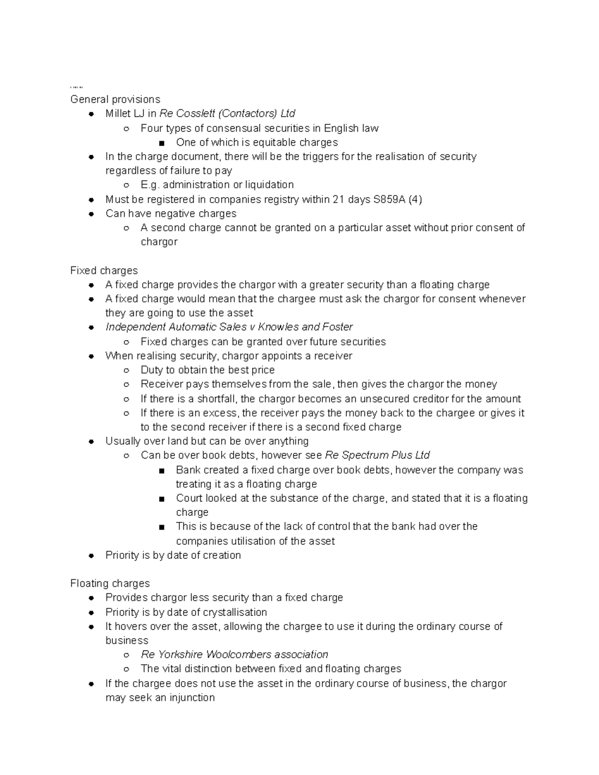 Floating charges -2 - Cheat sheet General provisions Millet LJ in Re ...