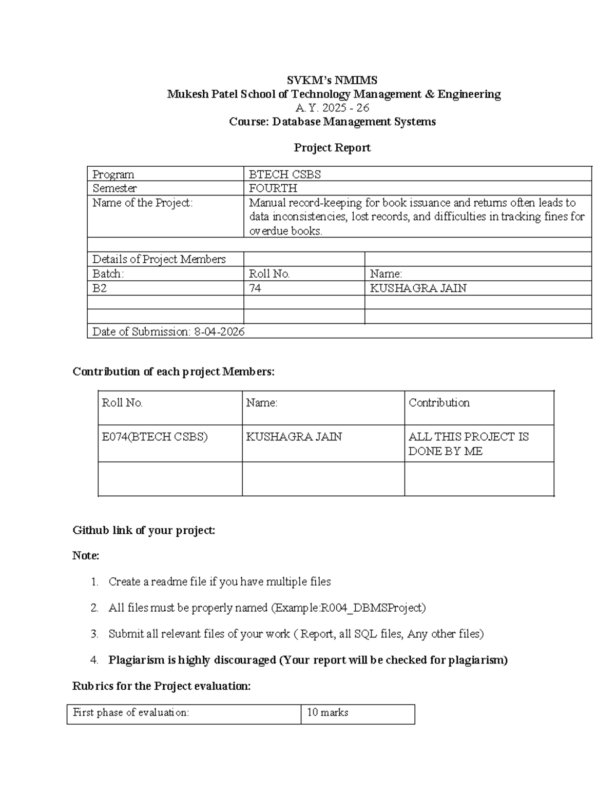 DBMS Project Report: Library Management System (A.Y. 2025-26) - Studocu