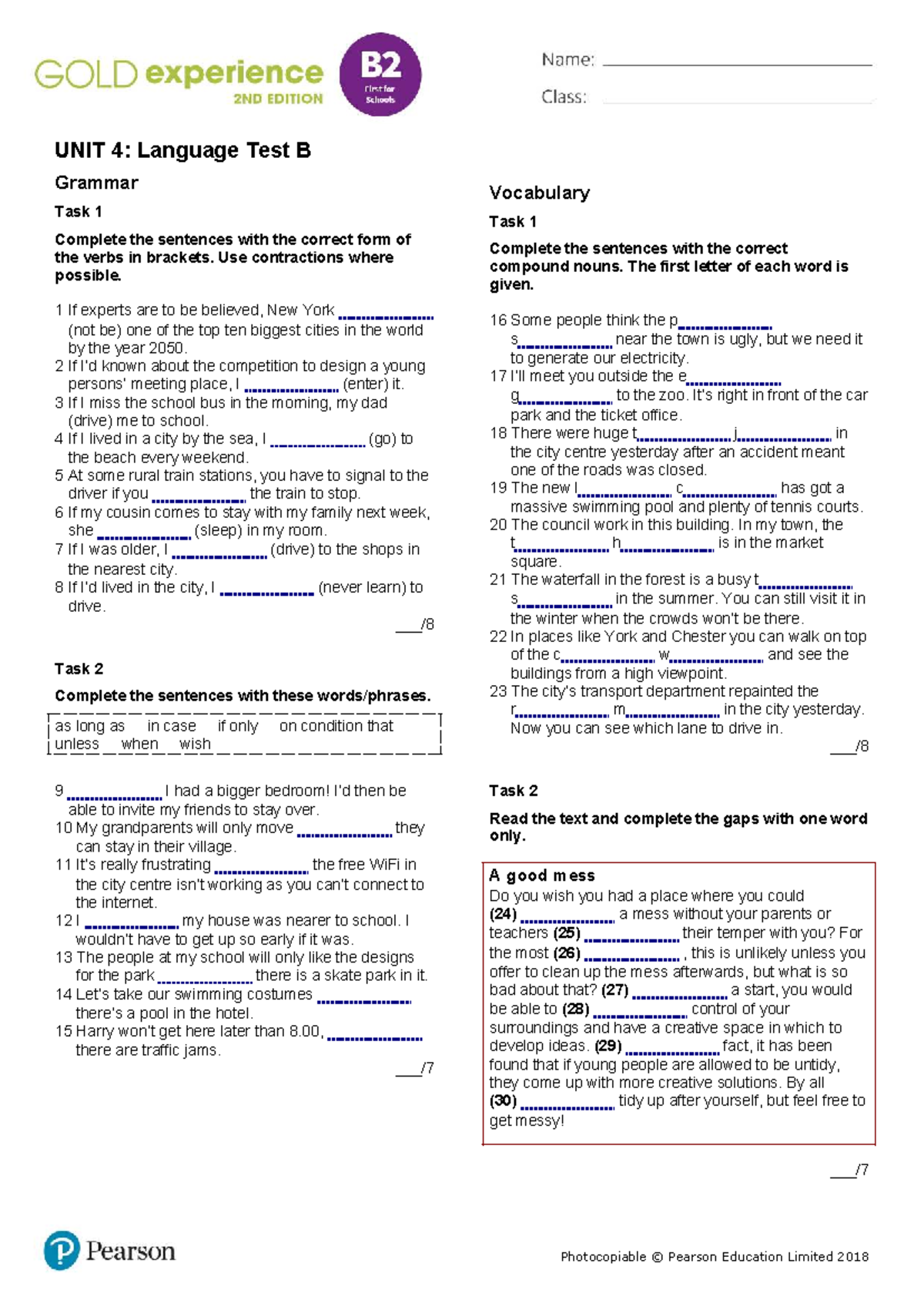 Gold Experience B2 Unit 4 Language Test B: Grammar & Vocabulary Tasks ...