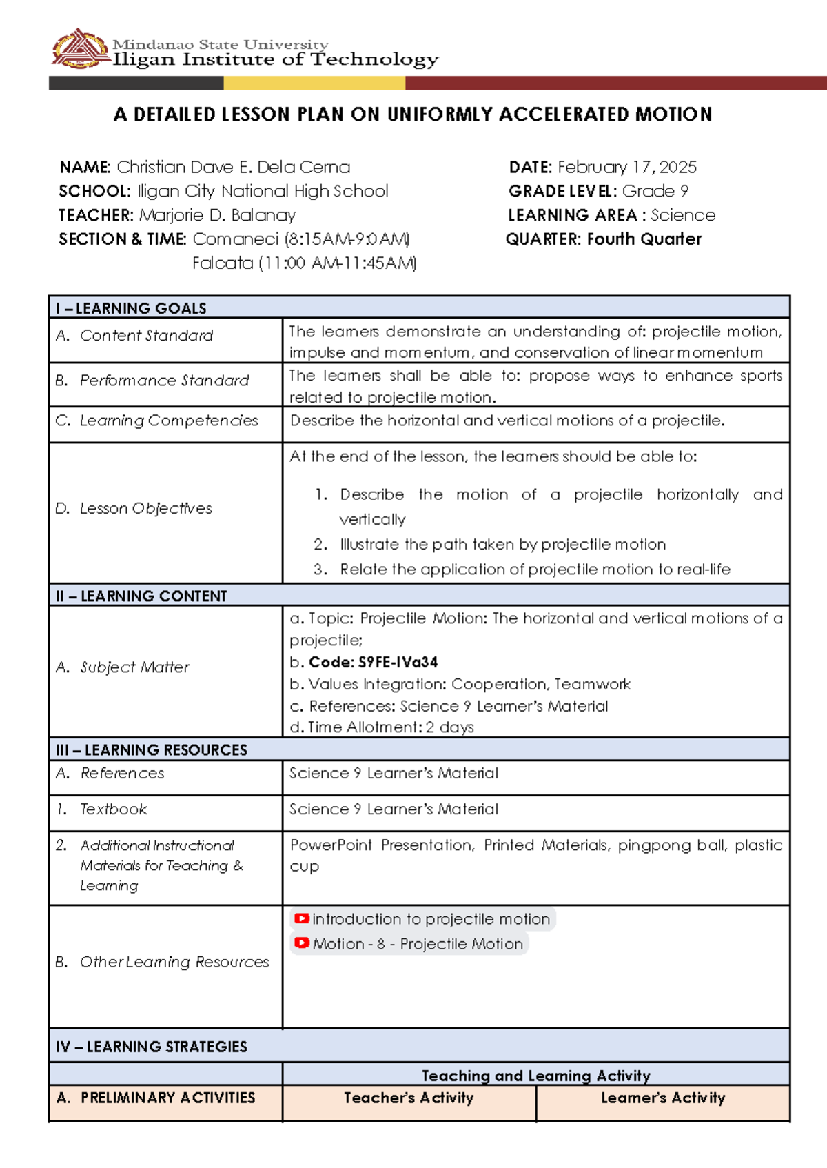 Lesson Plan on Projectile Motion: S9FE-IVa Overview - Studocu