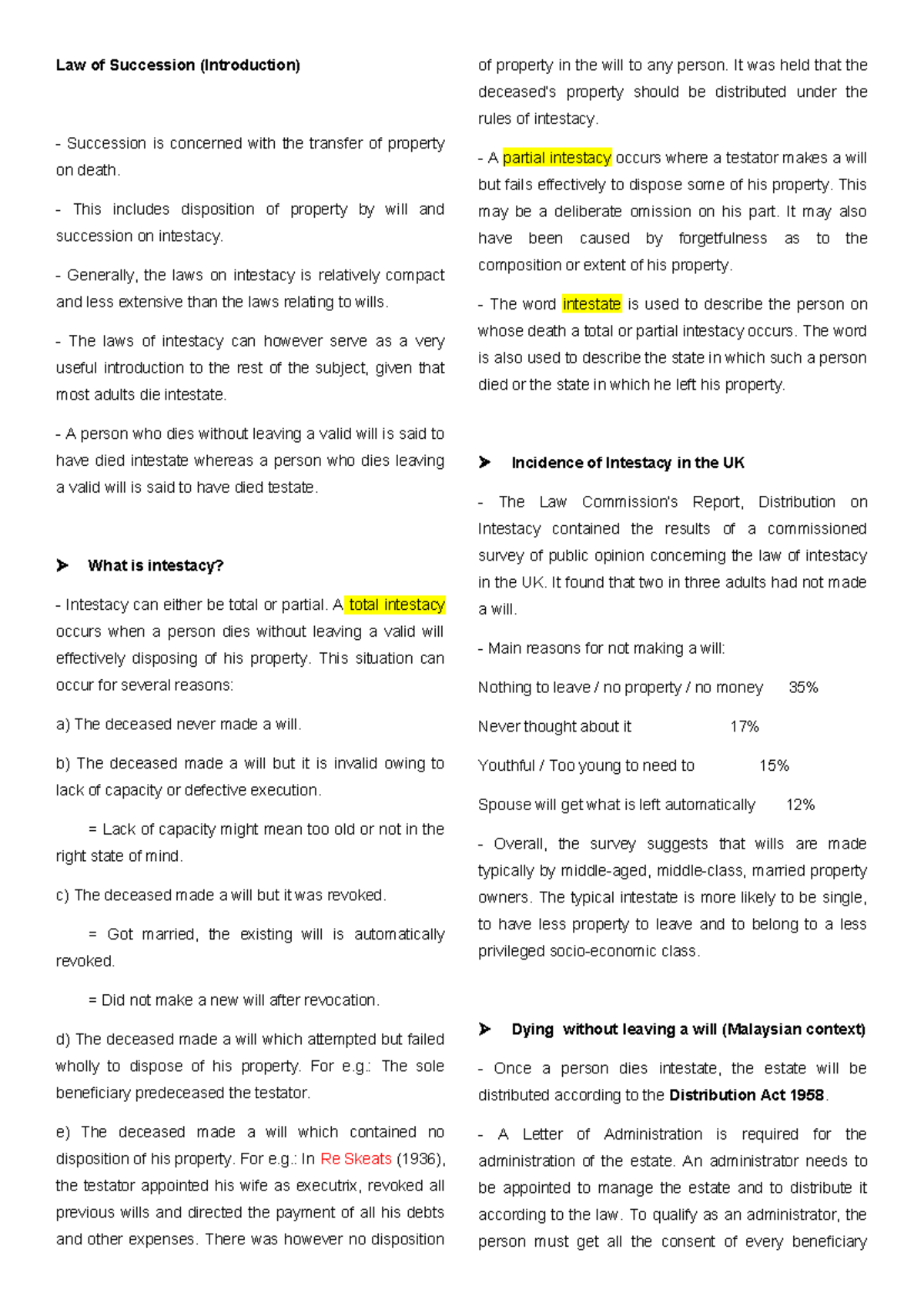 Law of Succession (Chapter 1 - Introduction to Intestacy) - Studocu