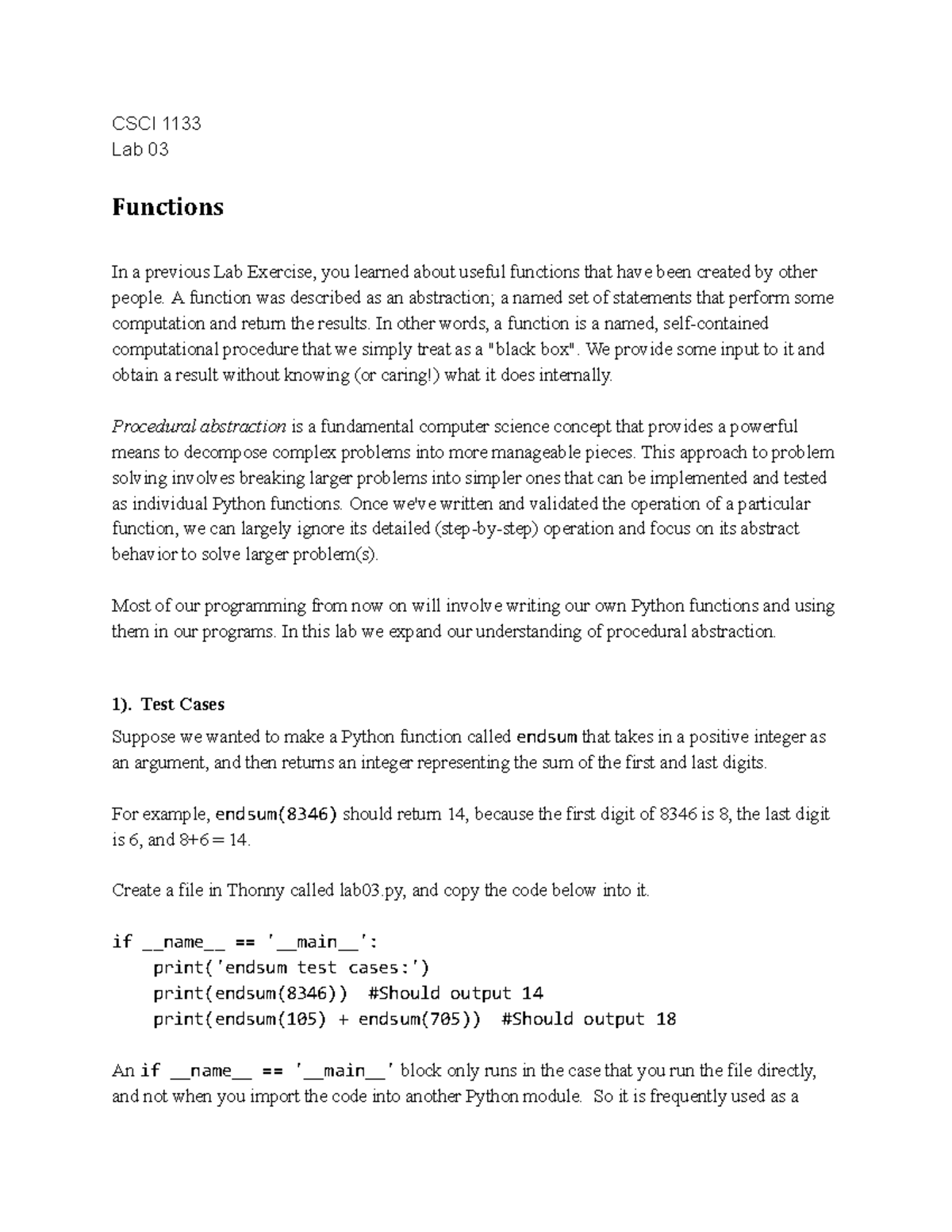 CSCI 1133 Lab 03: Understanding Functions and Procedural Abstraction ...