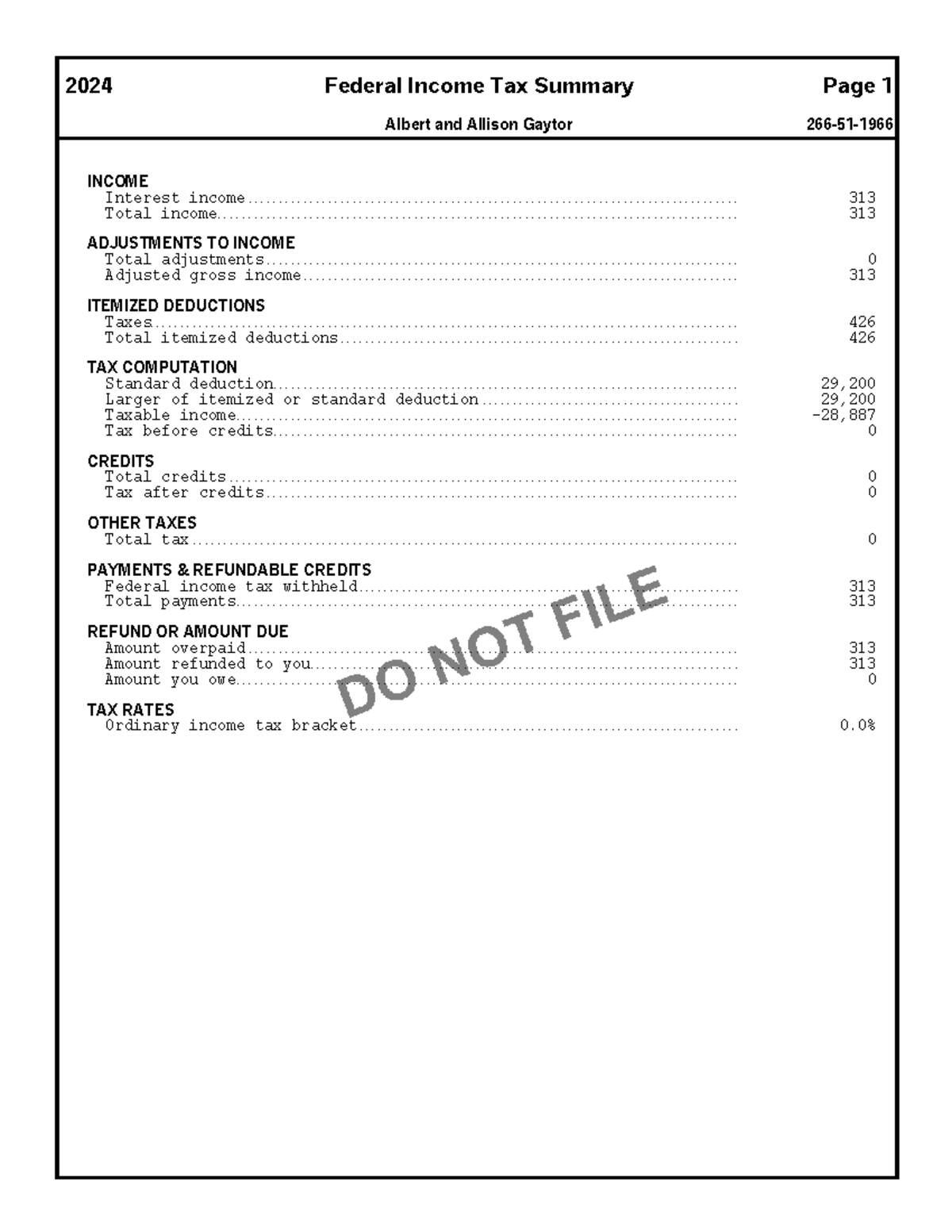 2024 Federal Income Tax Summary for Albert and Allison Gaytor - Studocu