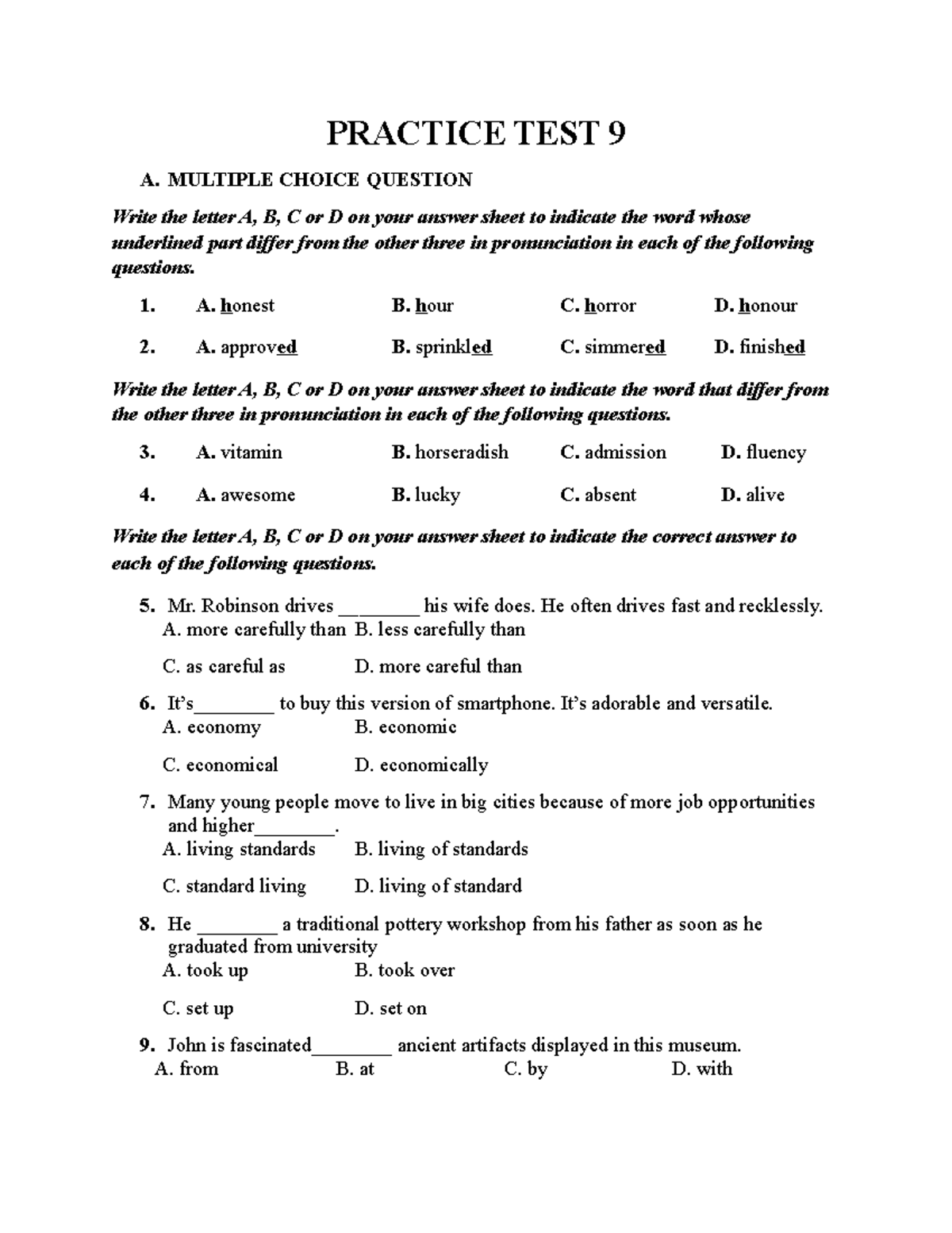 Practice TEST 9 - Some exercises to pratice - PRACTICE TEST 9 A ...