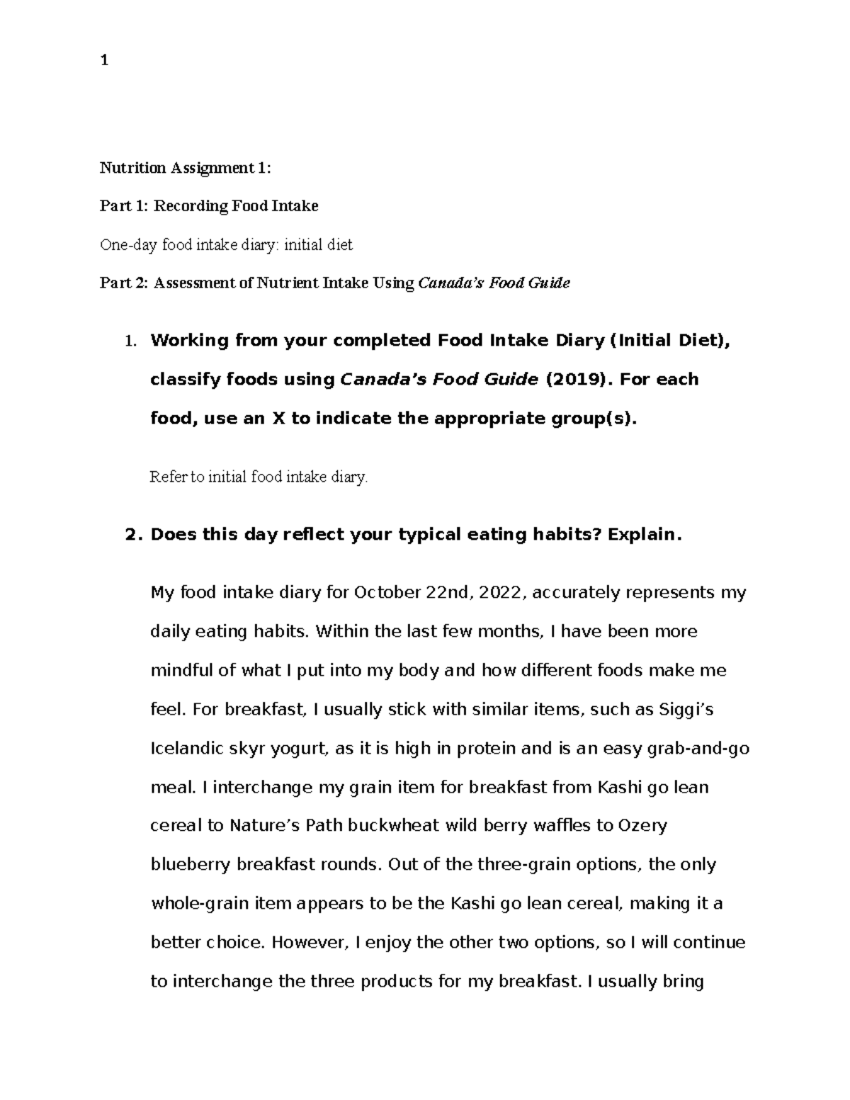 Nutrition assignment 1: food intake diary and nutrient assessment - Studocu