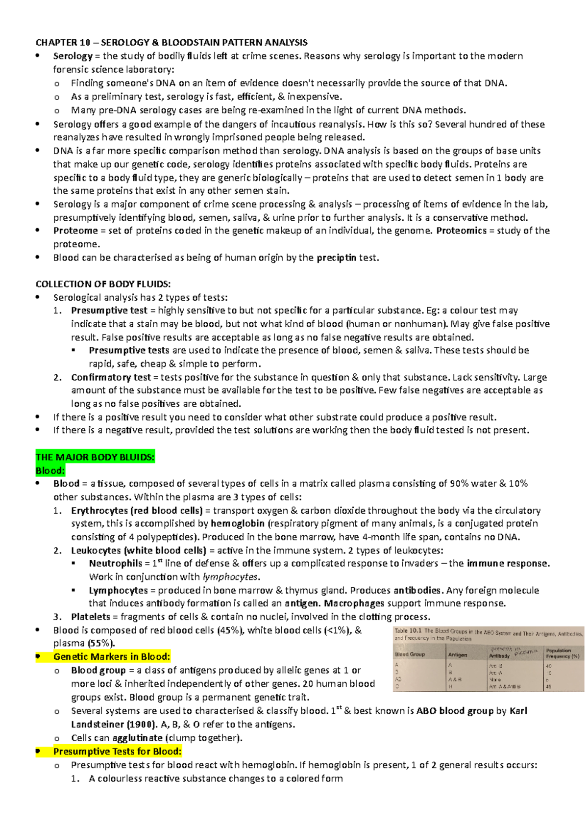 Chapter 10: Serology and Bloodstain Pattern Analysis (Forensics) - Studocu