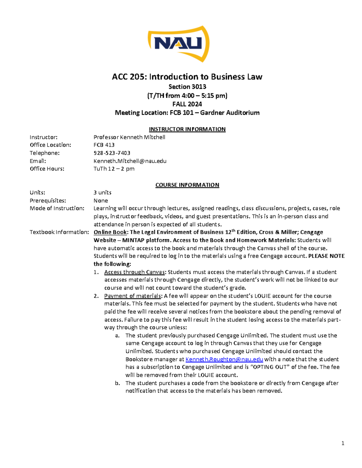 ACC 205 Fall 2024 Syllabus: Introduction to Business Law Overview - Studocu