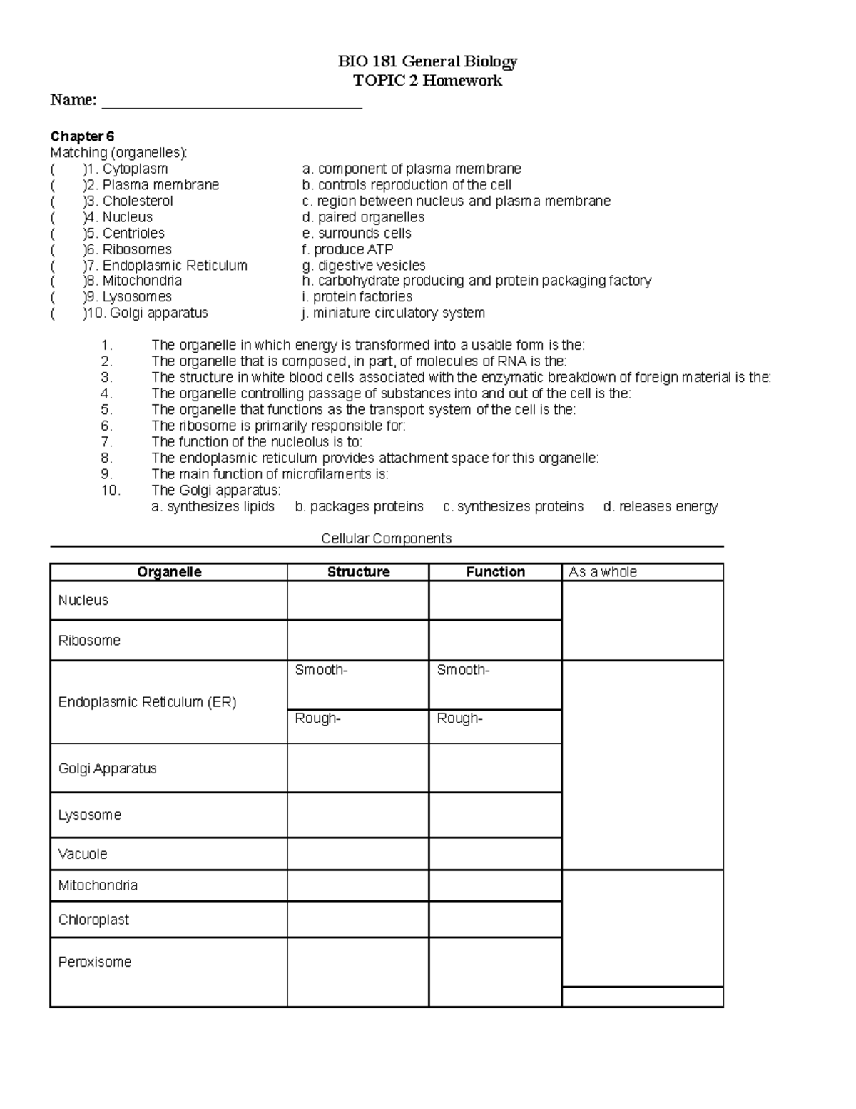 WEEK 3-HW- CH 6 worksheet - BIO 181 General Biology TOPIC 2 Homework ...