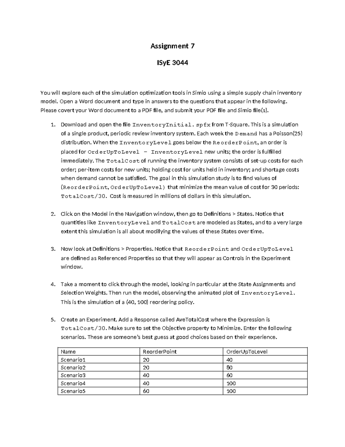 ISyE 3044: Inventory Optimization Assignment 7 - Simio Simulation Study ...