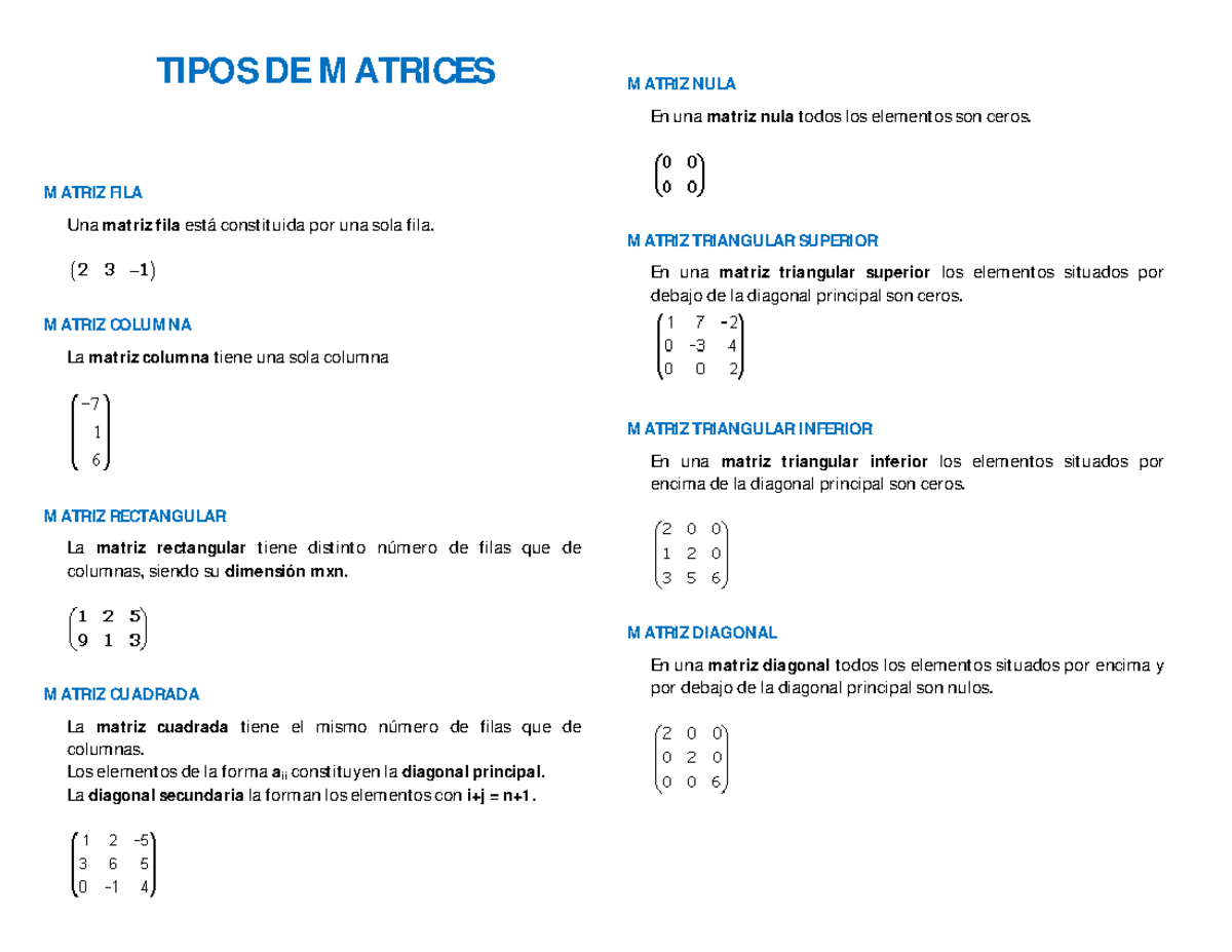 Tipos de Matrices: Clasificación y Características Esenciales - Studocu